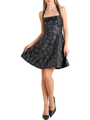 FREEMARKET Metallic Print Halter Fit & Flare Mini Dress - Black/silver
