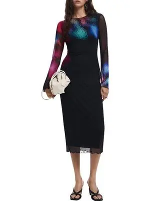 Desigual Long Sleeve Mesh Dress - Black