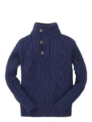 HOPE & HENRY Organic Cable Knit Sweater With Faux Leather Buttons Navy