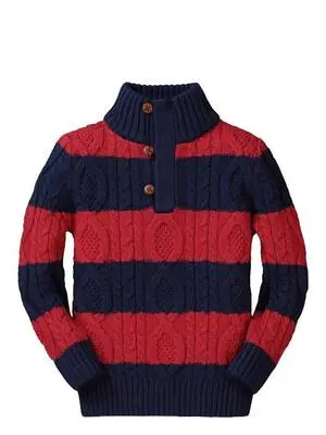 HOPE & HENRY Organic Cable Knit Sweater With Faux Leather Buttons Wide Red And Navy Stripe