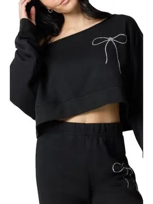 FLORENCE BY MILLS Crystal Bow Off The Shoulder Crop Sweatshirt Black