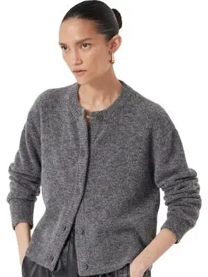 HUSH Crew Neck Boxy Wool Blend Cardigan - Mid Grey Marl