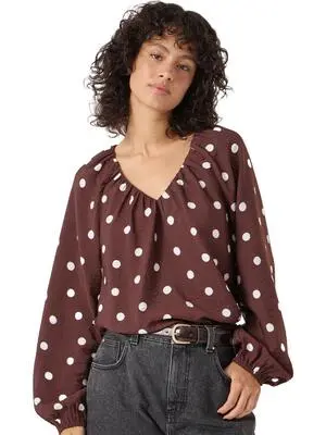 HUSH Printed Airflow V-neck Blouse - Polka Dot Brown