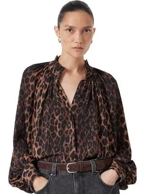 HUSH Fleur Floaty Chiffon Blouse - Natural Leopard Brown
