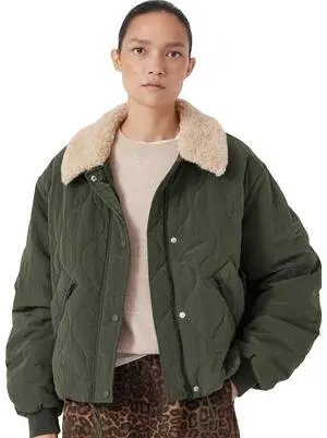 HUSH Teddy Collar Quilted Bomber - Grey Green