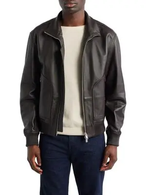 BOSS Mander Leather Bomber Jacket - Dark Brown