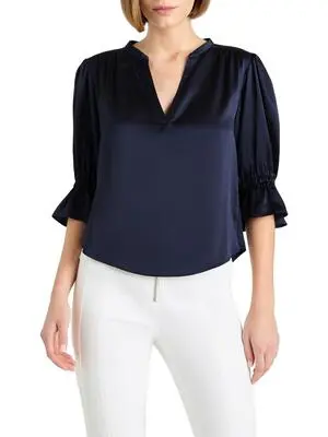 Cinq À Sept Fiona Split Neck Silk Top - Navy