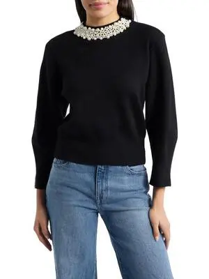 NIKKI LUND Beaded Collar Cotton-blend Sweater - Black