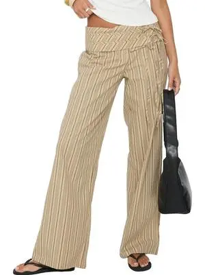 Princess Polly Striped Cotton Pants With Tie Detailed Waist - Beige Stripe