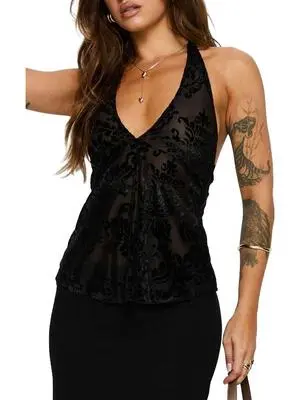 Princess Polly Velvet Burnout Babydoll Halter Top - Black