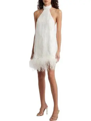 DELFI COLLECTIVE Beaded Feather Trim Mini Dress - White Pearl
