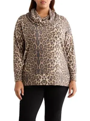 Loveappella Leopard Print Cowl Neck Tunic - Taupe/brown
