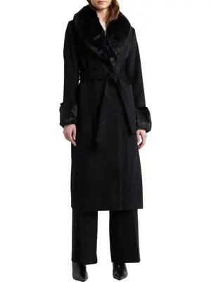 Via Spiga Wool-blend Wrap Coat With Faux Fur Trim - Black