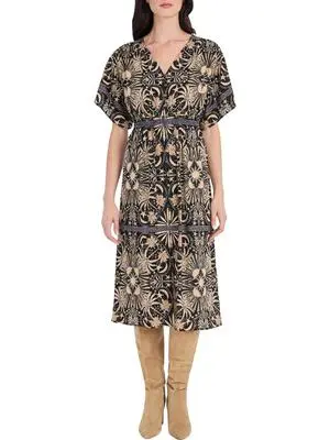 THE GOOD JOURNEY Floral Print Linen Blend Midi Dress - Black/tan