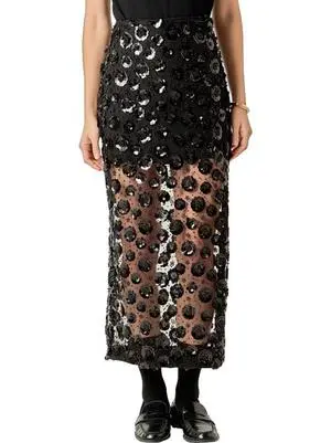 English Factory Flower Sequin Maxi Skirt - Black
