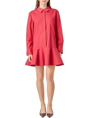 English Factory Ruffle Hem Mini Shirtdress - Red