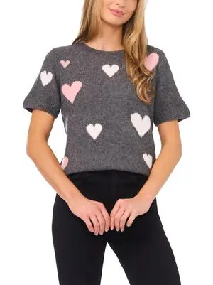 CECE DUPRAZ Heart Short Sleeve Crewneck Sweater - Heather Grey