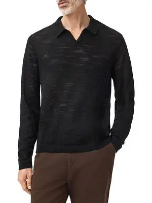 John Varvatos Luciano Slub Open Collar Polo Sweater - Black