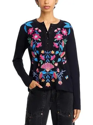 Johnny Was Embroidered Henley Top - Black