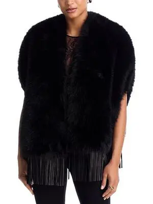 L'Agence Nathalia Fringed Faux Fur Cape - Black
