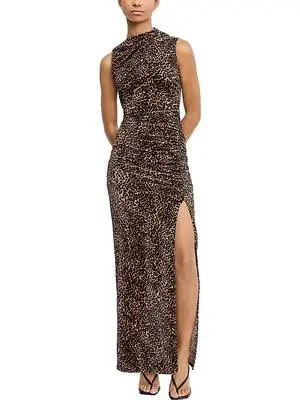 Good American High Neck Velvet Maxi Dress - Leopard