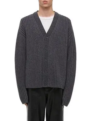 Helmut Lang Relaxed Fit Ribbed Cardigan Sweater - Charcoal