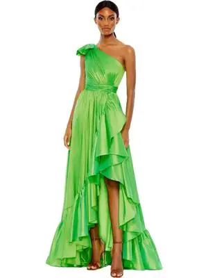 Mac Duggal Bow One-shoulder Ruffle Gown - Green