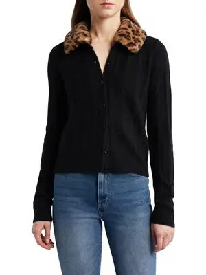 REFORMATION Hannah Wool Cardigan With Faux Fur Collar - Black Leopard
