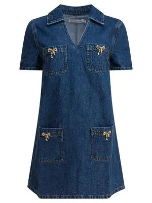 SELF-PORTRAIT Denim Mini Dress With Bow Detail - Blue
