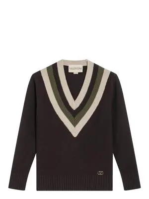 Valentino Garavani V-neck Wool Sweater With Logo - Brown