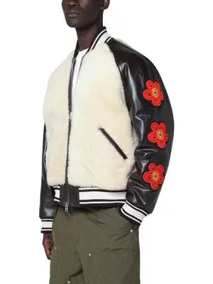 Kenzo Shearling-effect And Leather Bomber Jacket - Beige