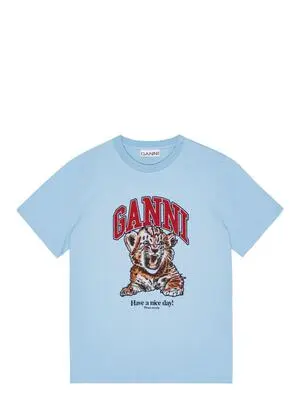 GANNI Tiger Organic Cotton T-shirt - Sky Blue