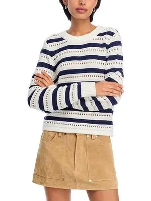 Aqua Stripe Pointelle Crewneck Sweater - Navy/white