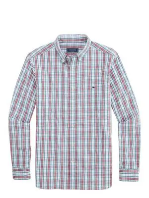 Vineyard Vines Wavecrest Plaid Stretch Cotton Poplin Button-down Shirt - Aqua/red/white Cap