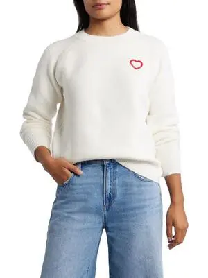 Bobeau Embroidered Heart Sweater - White/red