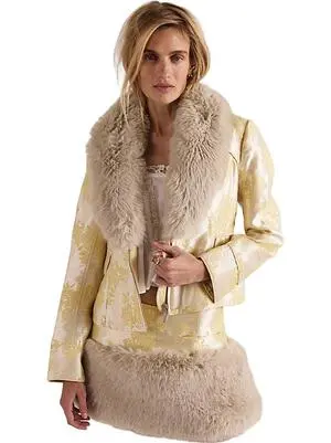 Free People Jacquard Jacket With Faux Fur Collar - Straw