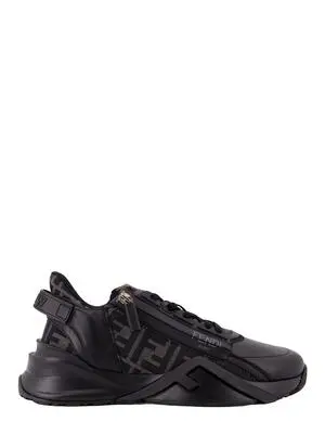 Fendi Leather Flow Sneakers With Ff Jacquard Fabric Inserts - Black