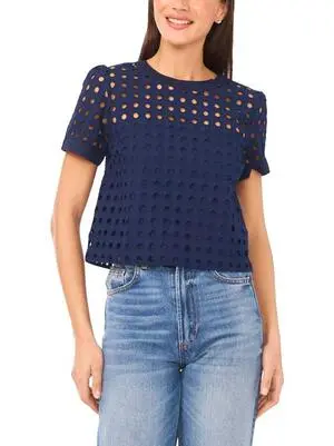 CECE DUPRAZ Circle Eyelet Cotton Top Classic Navy