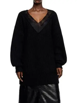 Bimba Y Lola Lace V-neck Sweater - Black