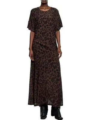 Bimba Y Lola Gathered Short Sleeve Maxi Dress - Leopard Big Dark Brown