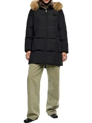 Bimba Y Lola Tailored Midi Puffer Coat With Fur Hood - Black