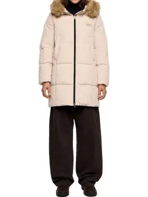 Bimba Y Lola Tailored Midi Puffer Coat With Fur Hood - Ivory