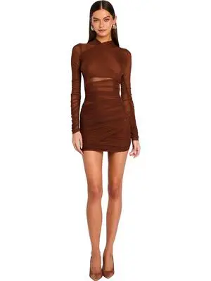 SEROYA Moxey Ruched Mesh Mini Dress - Burnt Toffee