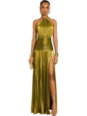 Retrofete Thalia Gown With High Slit - Metallic Peridot