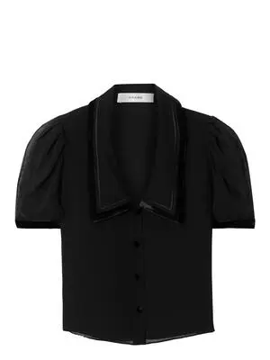 FRAME Sailor Velvet-trimmed Silk-chiffon Blouse - Black