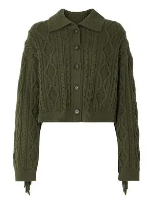 Simkhai Virginia Cropped Fringed Cable-knit Cardigan - Green