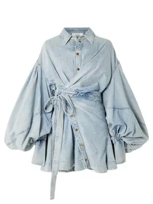 Zimmermann Rebellion Gathered Denim Mini Wrap Dress - Blue