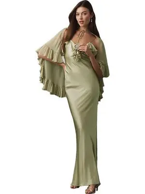 DE LA VALI Esperanza Ruffled Silk Satin Maxi Dress - Green