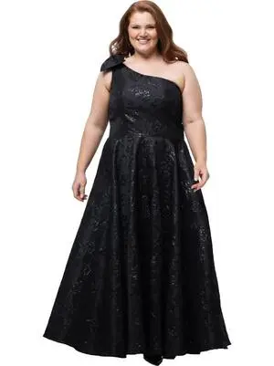 SYDNEY'S CLOSET One Shoulder Brocade Gown With Bow - Black/black