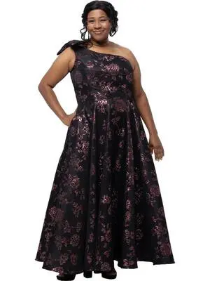 SYDNEY'S CLOSET One Shoulder Brocade Gown With Bow - Rose/black